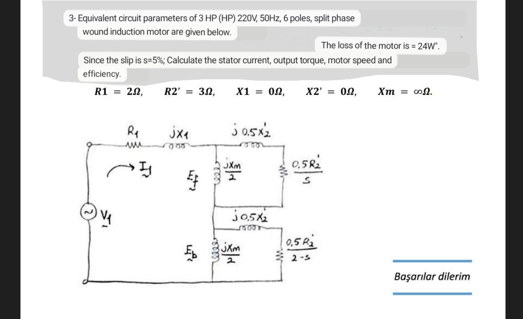 Solved 3- Equivalent circuit parameters of 3HP(HP)220 V,50 | Chegg.com