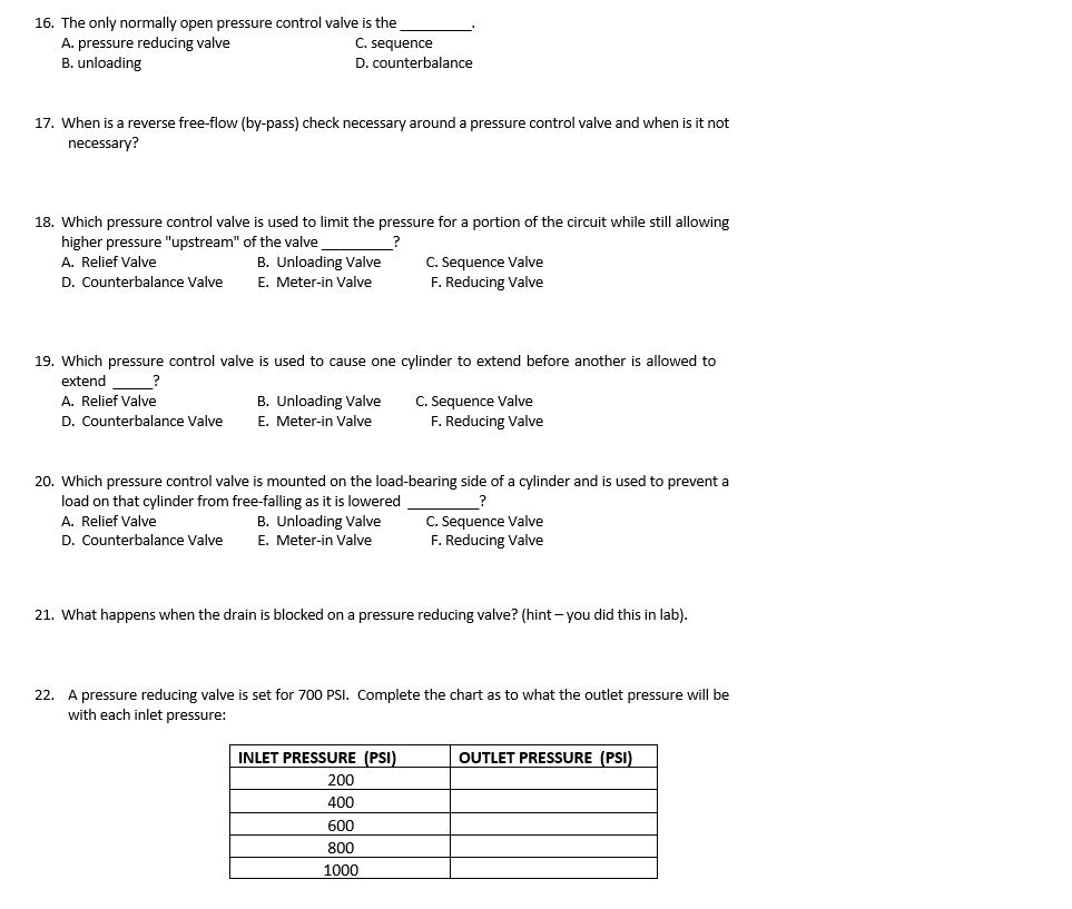 Solved 16. The only normally open pressure control valve is | Chegg.com