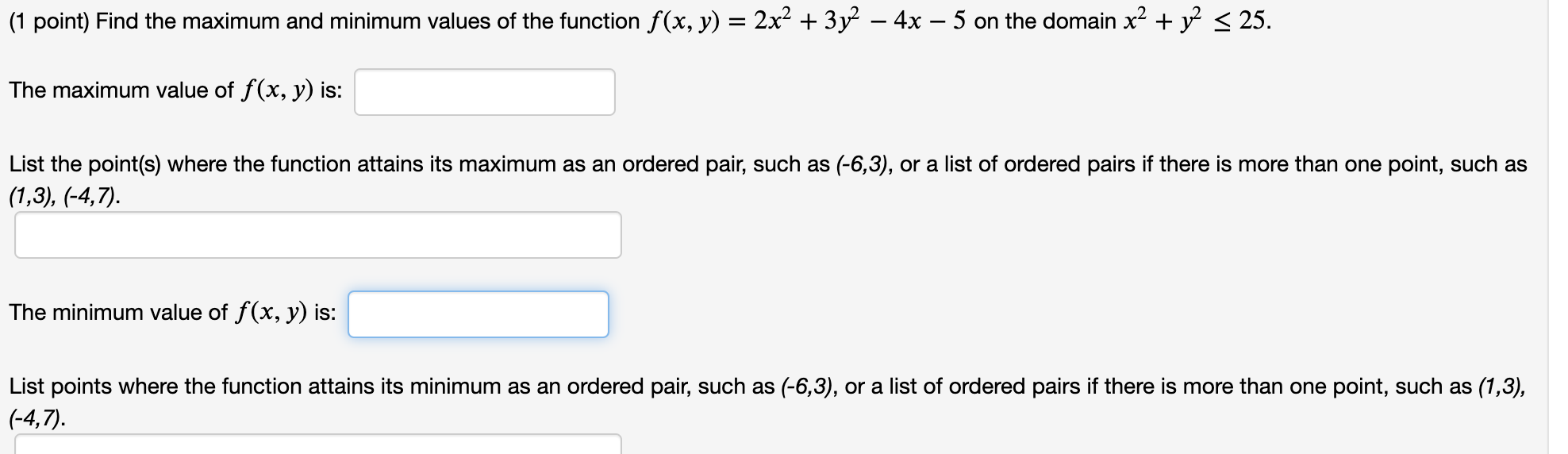 Solved (1 point) Find the maximum and minimum values of the | Chegg.com