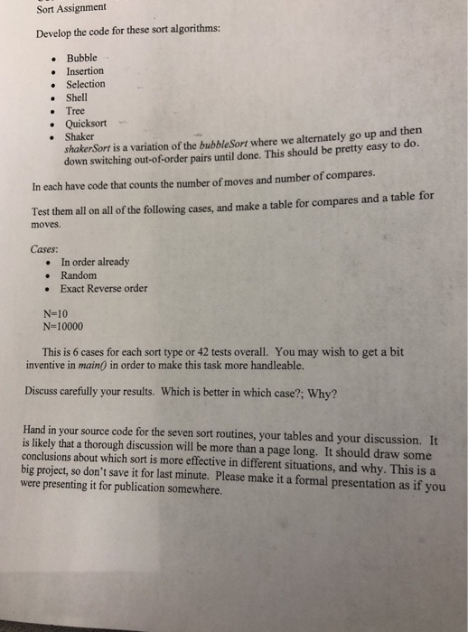 Solved Sort Assignment Develop the code for these sort | Chegg.com