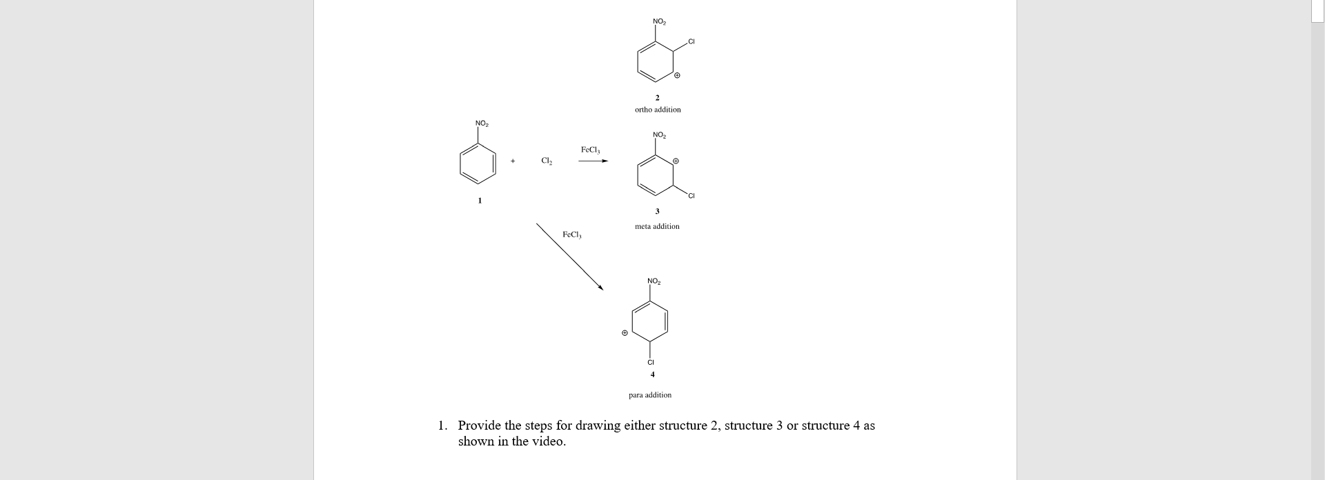 Solved NO ortho addition NOZ NO FeCl3 CI, meta addition | Chegg.com