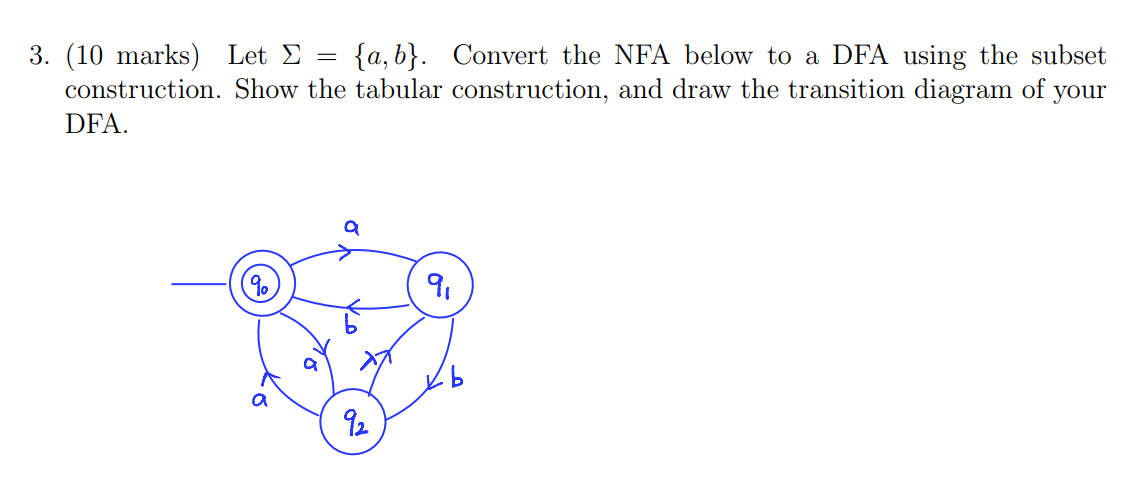Solved 3. (10 marks) Let Σ={a,b}. Convert the NFA below to a | Chegg.com