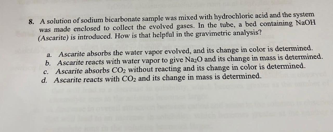 Solved 8. A solution of sodium bicarbonate sample was mixed | Chegg.com