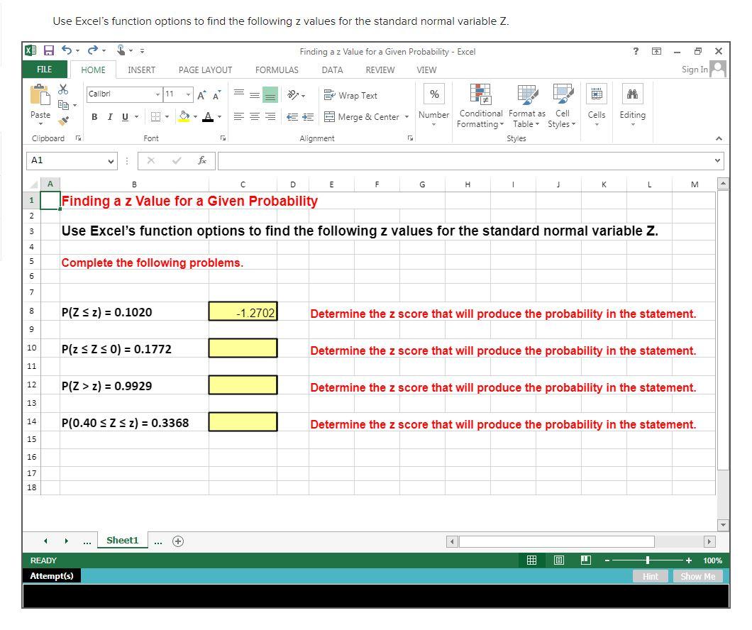 Solved Use Excel's function options to find the following z | Chegg.com