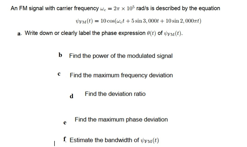 Solved An FM signal with carrier frequency wc 105 rad/s is | Chegg.com