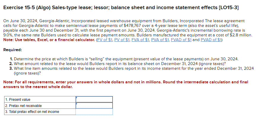 Solved Exercise 15-5 (Algo) ﻿Sales-type lease; lessor; | Chegg.com