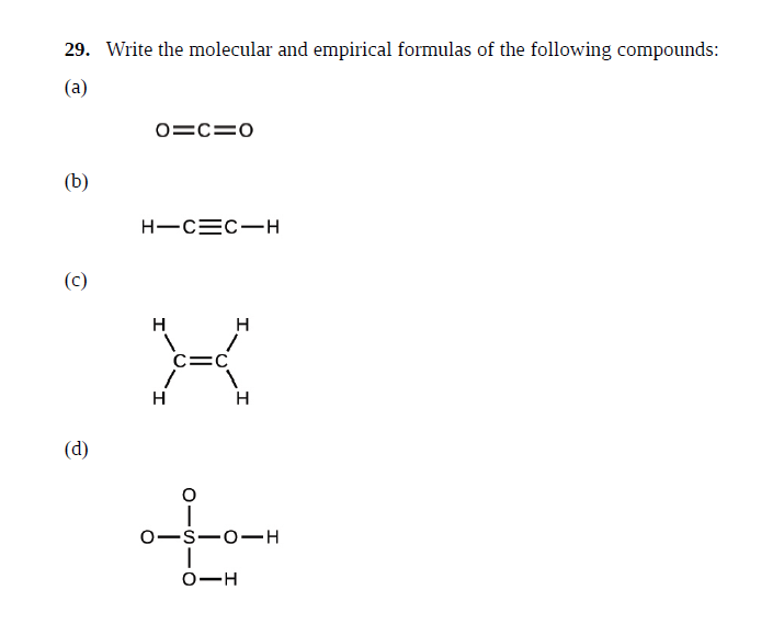 Solved 29. Write the molecular and empirical formulas of the | Chegg.com