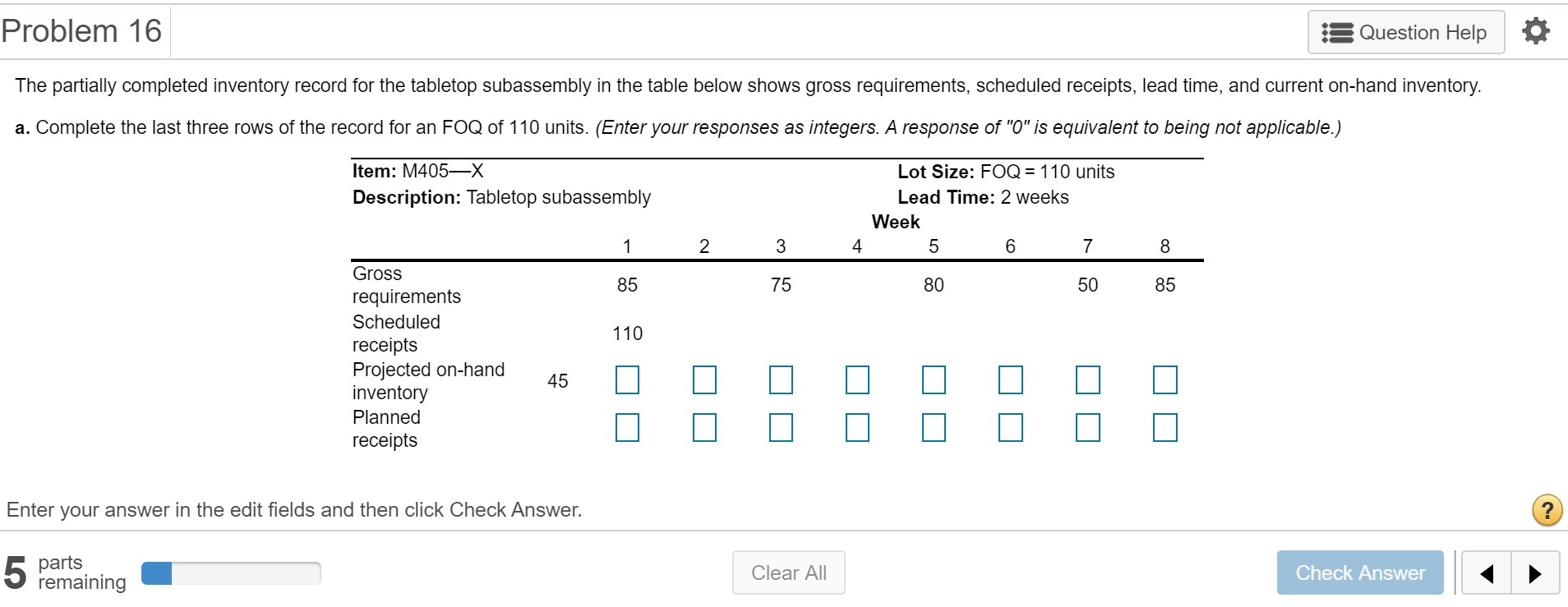 Problem 16 Question Help The partially completed | Chegg.com
