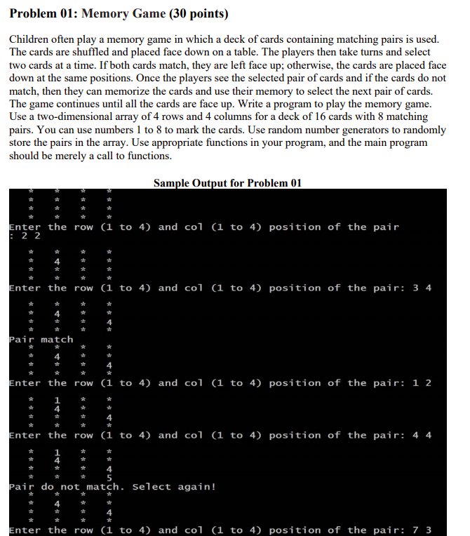 Solved Problem 01: Memory Game (30 points) Children often | Chegg.com