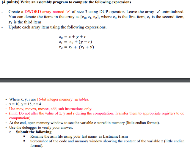 Solved (4 points) Write an assembly program to compute the | Chegg.com