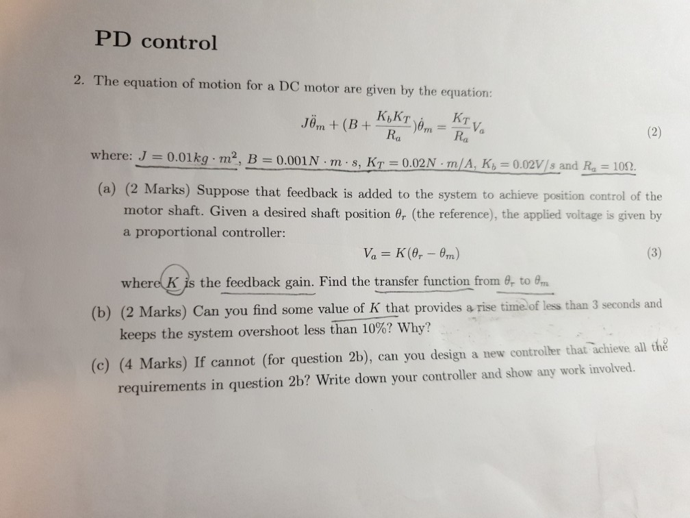 Solved PD control 2. The equation of motion for a DC motor | Chegg.com