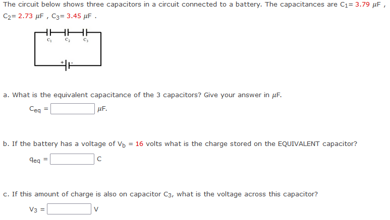 Solved The circuit below shows three capacitors in a circuit | Chegg.com