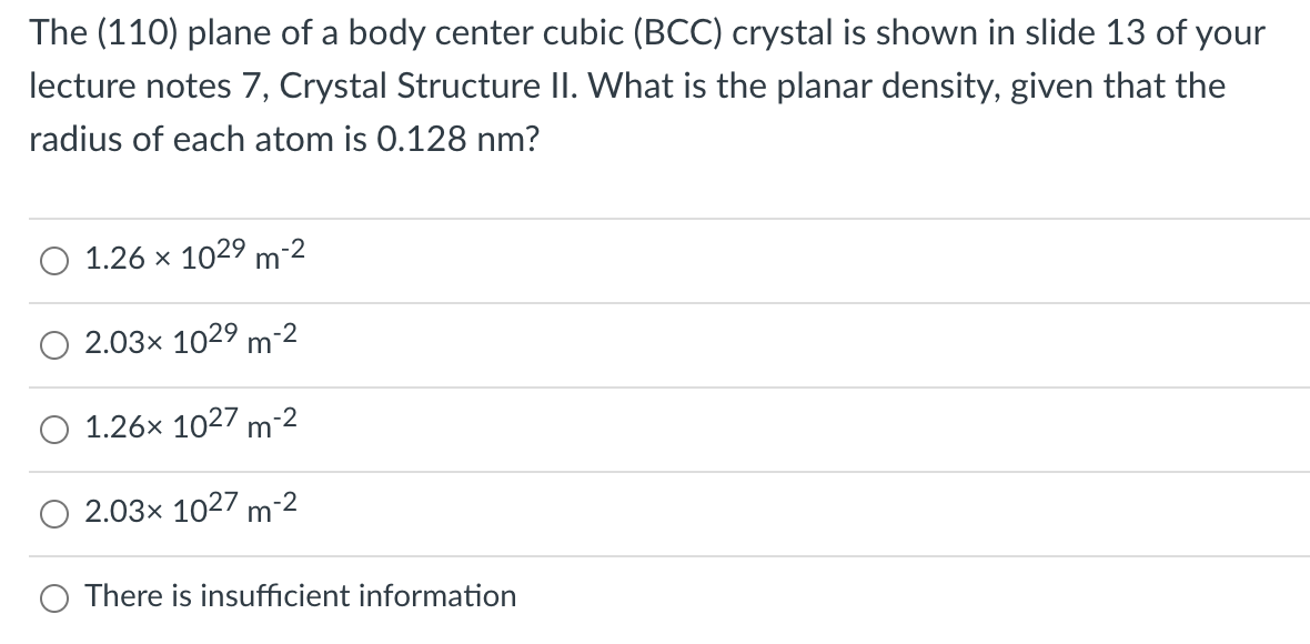 Solved The (110) plane of a body center cubic (BCC) crystal | Chegg.com