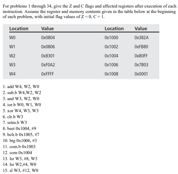 Solved For problems 1 through 34, give the Z and C flags and | Chegg.com