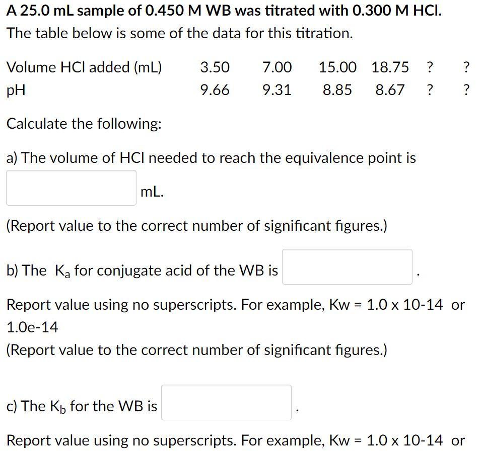 Solved A 25.0 mL sample of 0.450 M WB was titrated with | Chegg.com