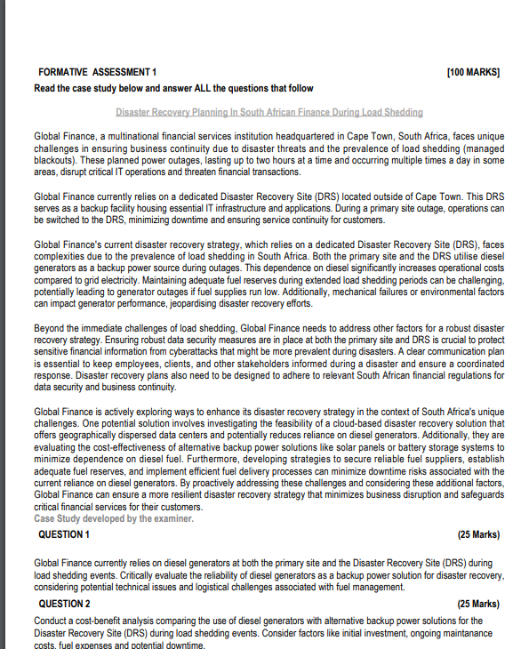 Solved FORMATIVE ASSESSMENT 1[100 ﻿MARKS]Read the case study | Chegg.com