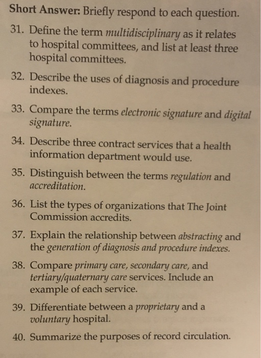 Solved Short Answer: Briefly respond to each question. 31. | Chegg.com
