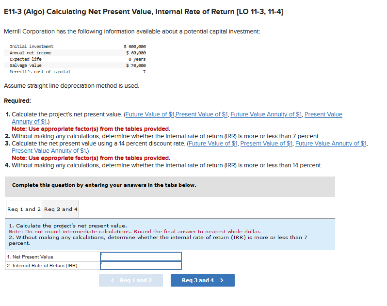 Solved E11-3 (Algo) Calculating Net Present Value, Internal | Chegg.com