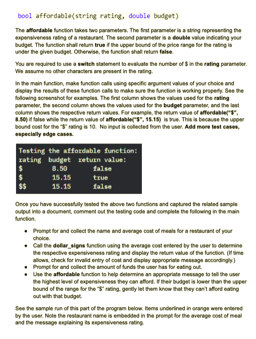 Solved bool affordable(string rating, double budget) The | Chegg.com