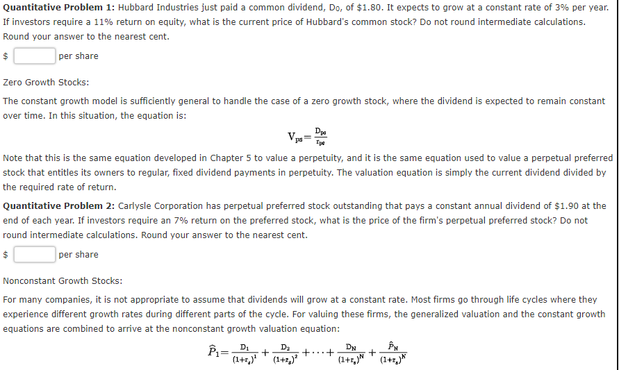 Solved Quantitative Problem 1: Hubbard Industries just paid | Chegg.com