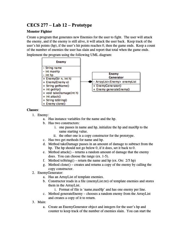 Solved CECS 277 - Lab 12 - Prototype Monster Fighter Create | Chegg.com