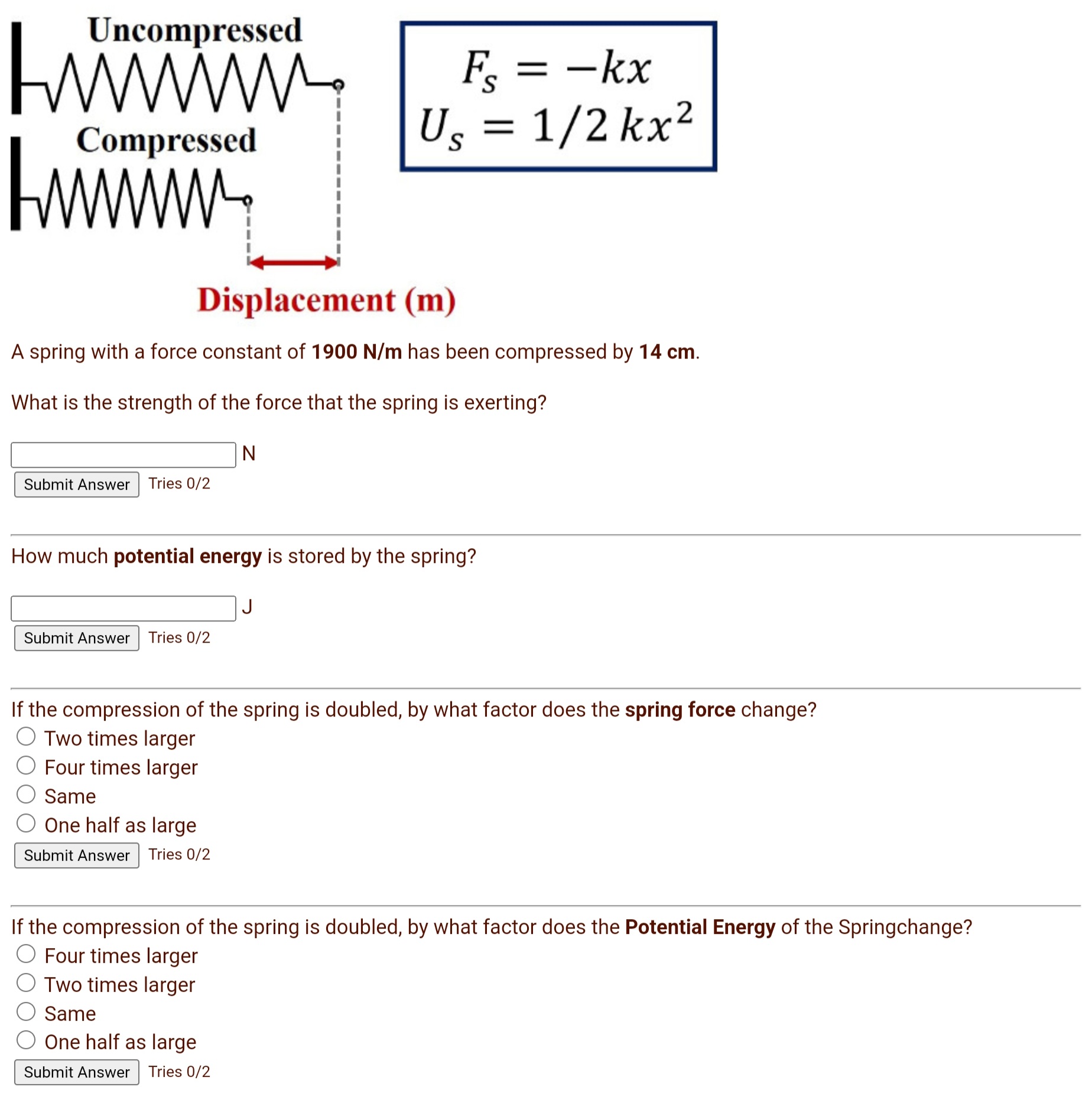 Solved Fs=−kxUs=1/2kx2 Displacement (m) A spring with a | Chegg.com
