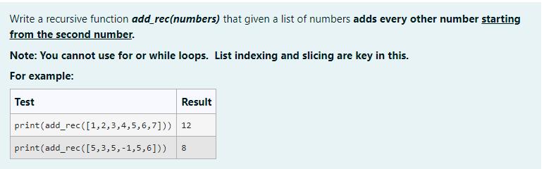 Solved Write a recursive function add_rec(numbers) that | Chegg.com