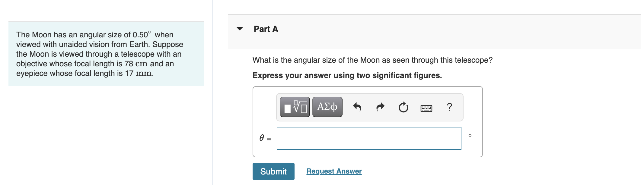 Solved The Moon has an angular size of 0.50° when viewed | Chegg.com