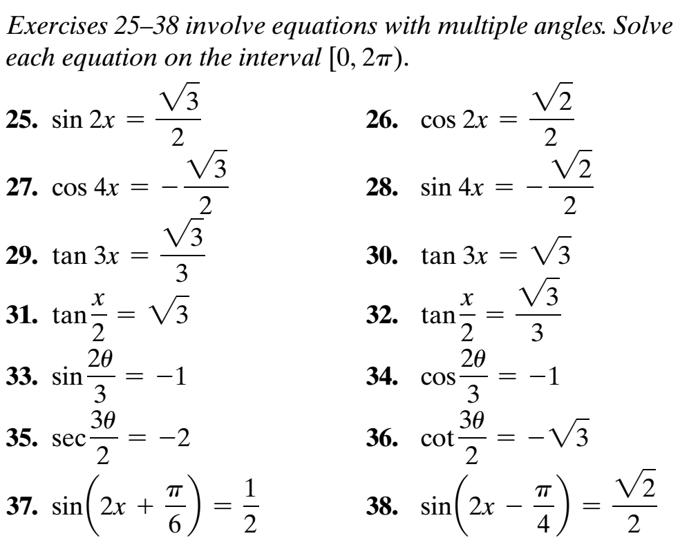 Solved involve equations with muiltiple angles. Solve each | Chegg.com