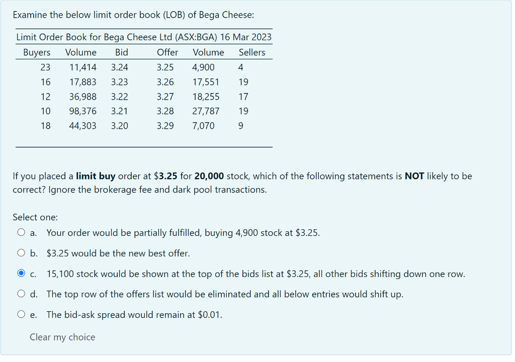 Solved Examine the below limit order book (LOB) of Bega | Chegg.com