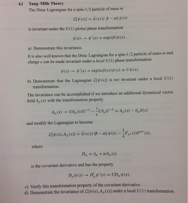 Solved 4.2 Yang Mills Theory The Dirac Lagrangian for a | Chegg.com