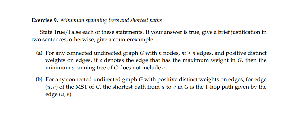 Solved Exercise 9. Minimum spanning trees and shortest paths | Chegg.com