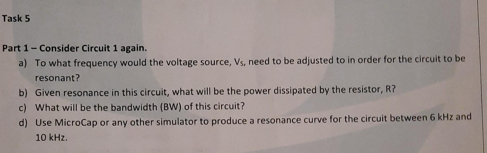 Solved Task 1 - Consider Circult 1 Circuit 1 Given Vs =20 | Chegg.com