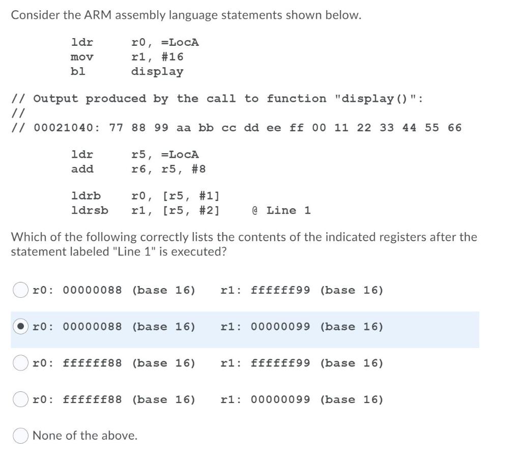 Solved Consider the ARM assembly language statements shown | Chegg.com