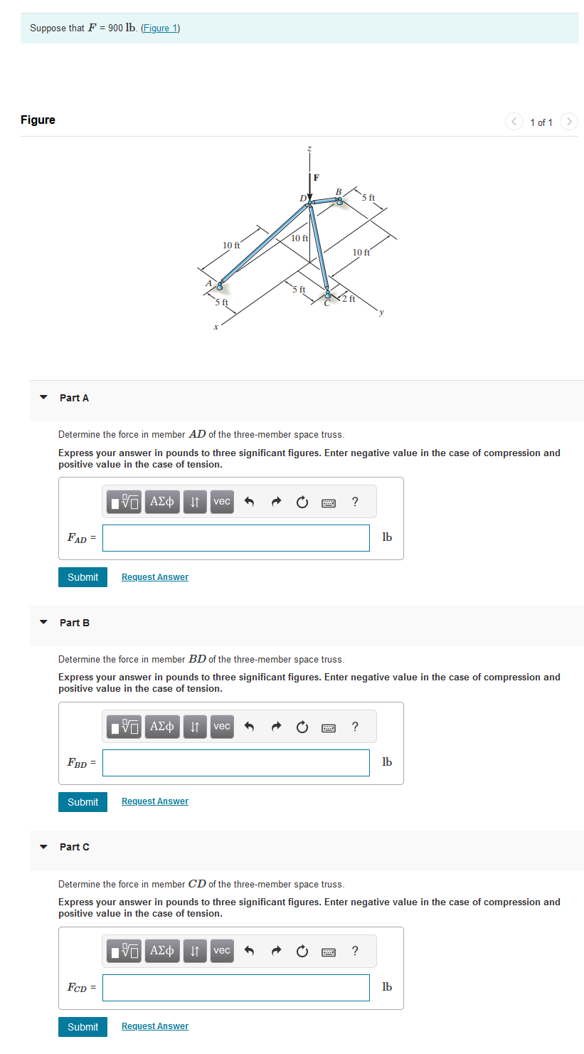 Figure1 ﻿of 1Part ADetermine the force in member AD | Chegg.com