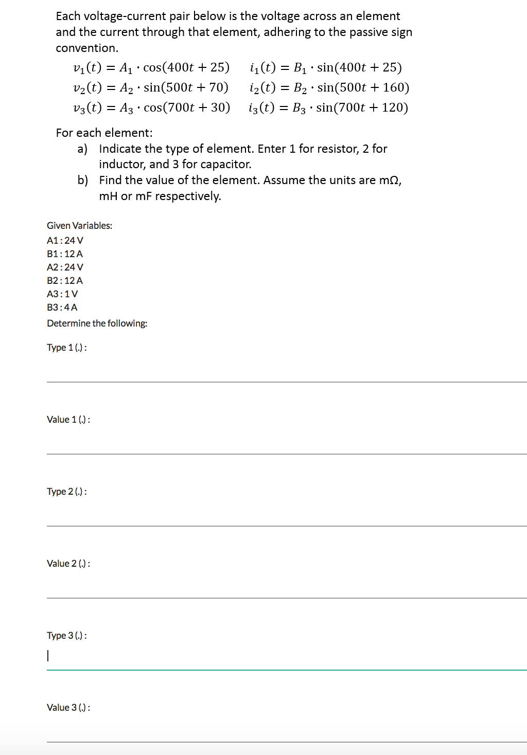 Solved Each voltage-current pair below is the voltage across | Chegg.com