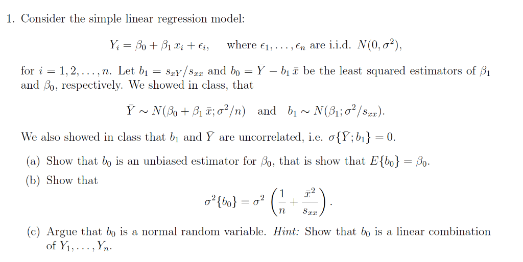 Solved 1. Consider the simple linear regression model: Yi | Chegg.com