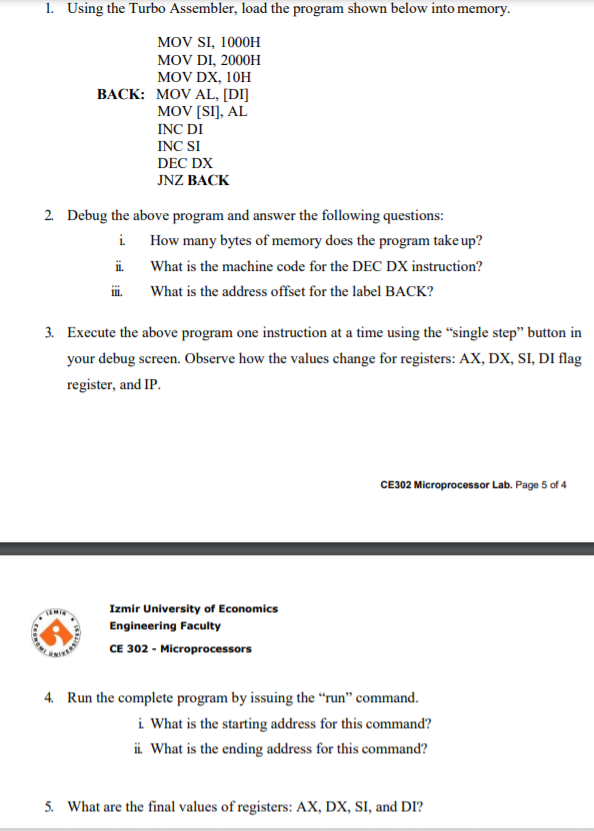 Solved 1. Using the Turbo Assembler, load the program shown | Chegg.com