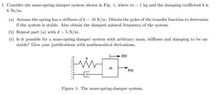 Solved 1. Consider the mass-spring-damper system shown in | Chegg.com