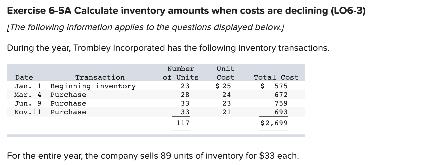 Solved Exercise 6-5A Calculate inventory amounts when costs | Chegg.com