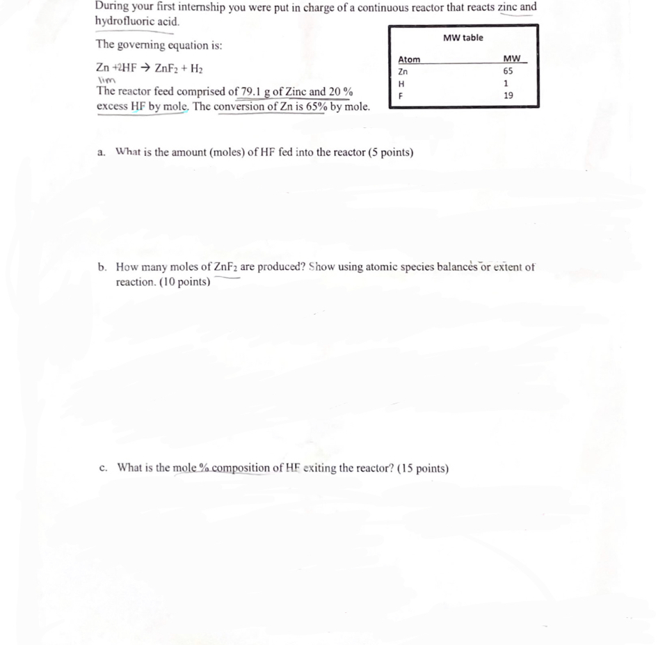 Solved a. What is the amount (moles) of HF fed into the | Chegg.com
