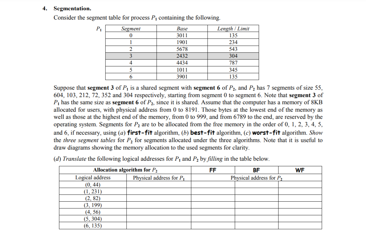 4. Segmentation. Consider the segment table for | Chegg.com