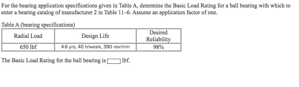 Solved For the bearing application specifications given in | Chegg.com