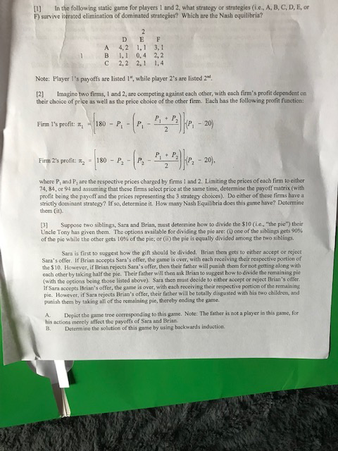 [1] In the following static game for players 1 and 2, | Chegg.com