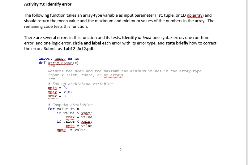 Solved Activity #3: Identify error The following function | Chegg.com