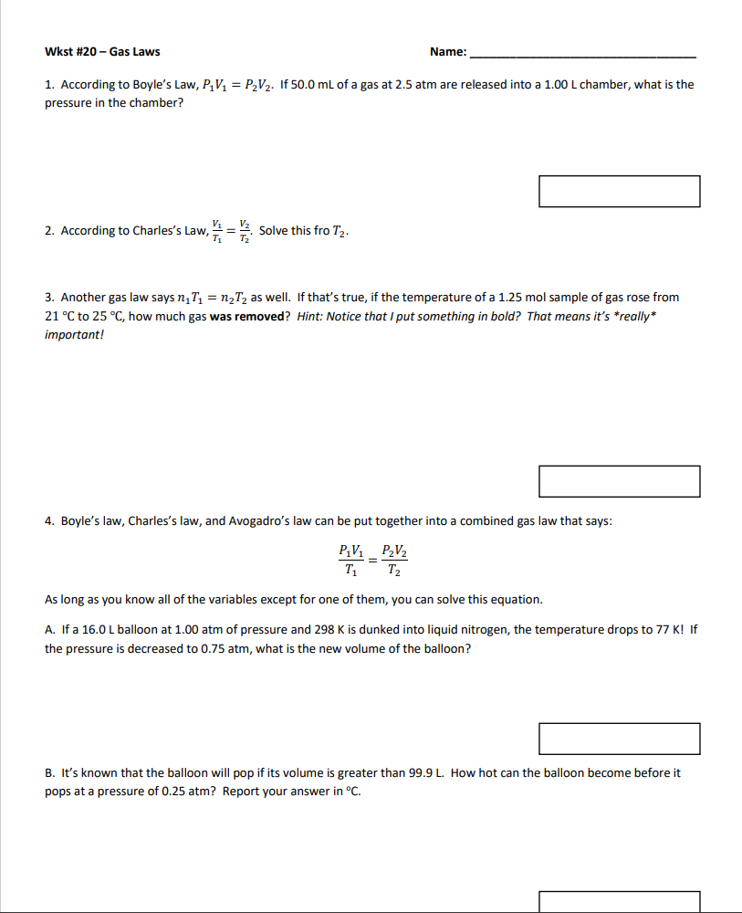 Solved Wkst #20- Gas Laws Name: 1. According to Boyle's Law, | Chegg.com