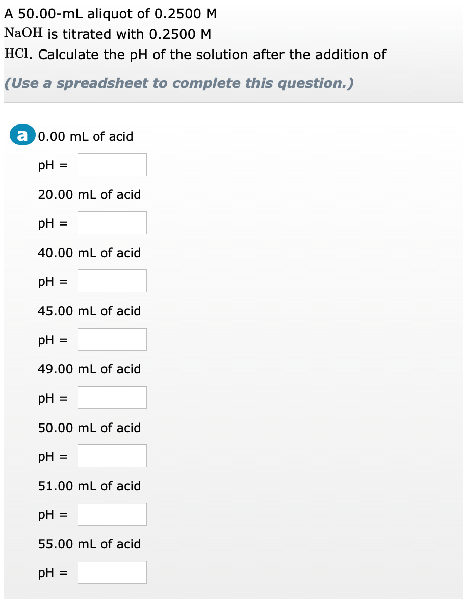 Solved A 50.00−mL aliquot of 0.2500M NaOH is titrated with | Chegg.com