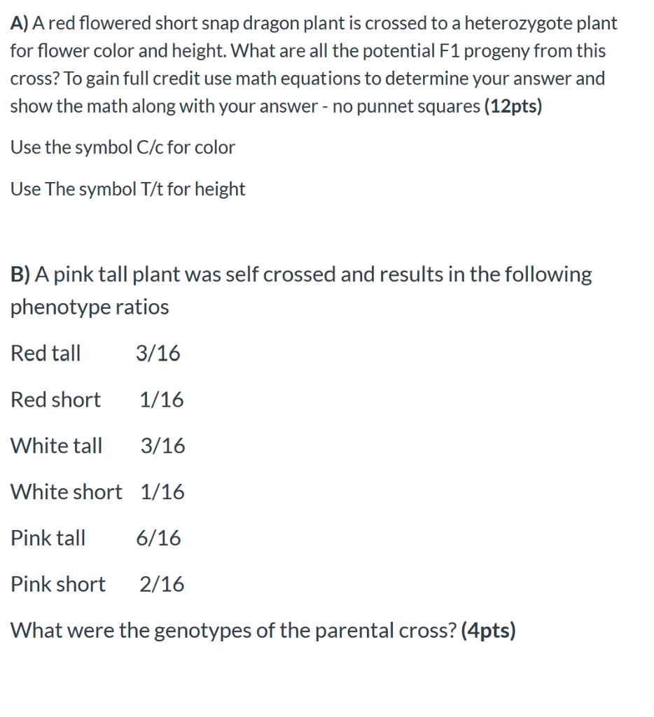 Solved A) A red flowered short snap dragon plant is crossed | Chegg.com