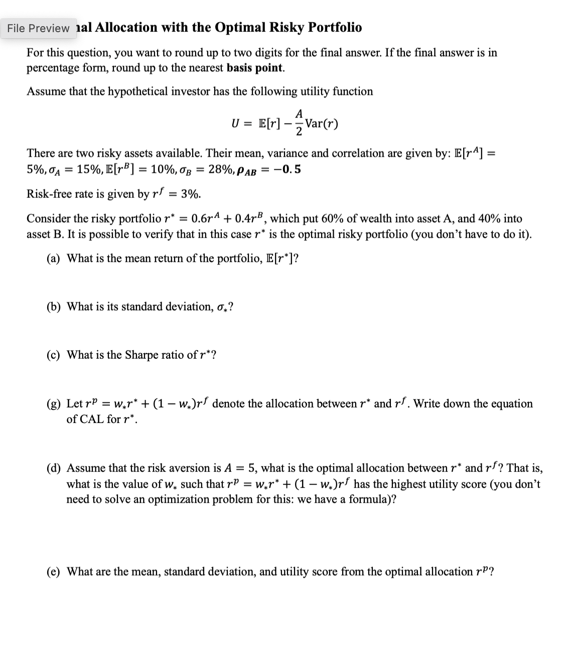 Solved File Preview 1al Allocation with the Optimal Risky | Chegg.com
