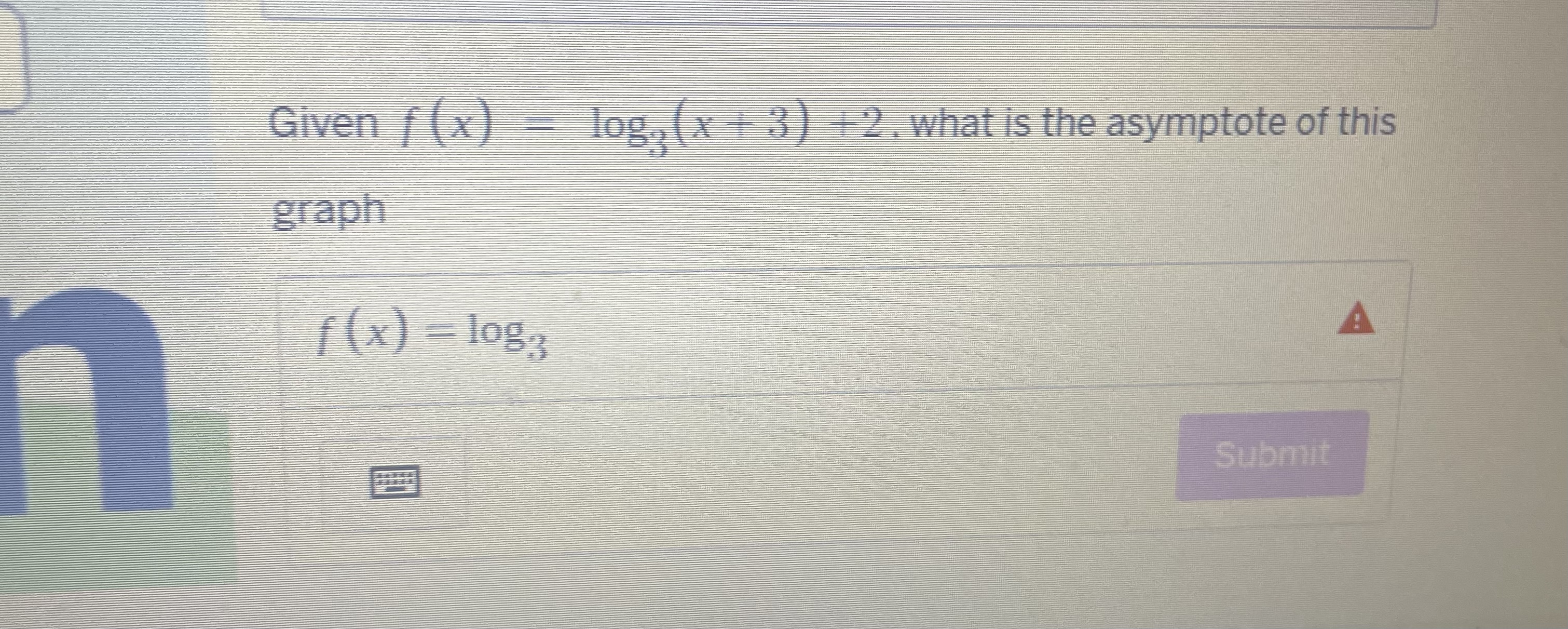Solved Given f(x)=log3(x+3)+2, ﻿what is the asymptote of | Chegg.com
